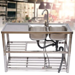 commercial kitchen sink outdoor sink restaurant sink 304 stainless steel utility sink with faucet & drainboard, free standing sink stainless steel sink with prep table double bowl drainer unit & tap