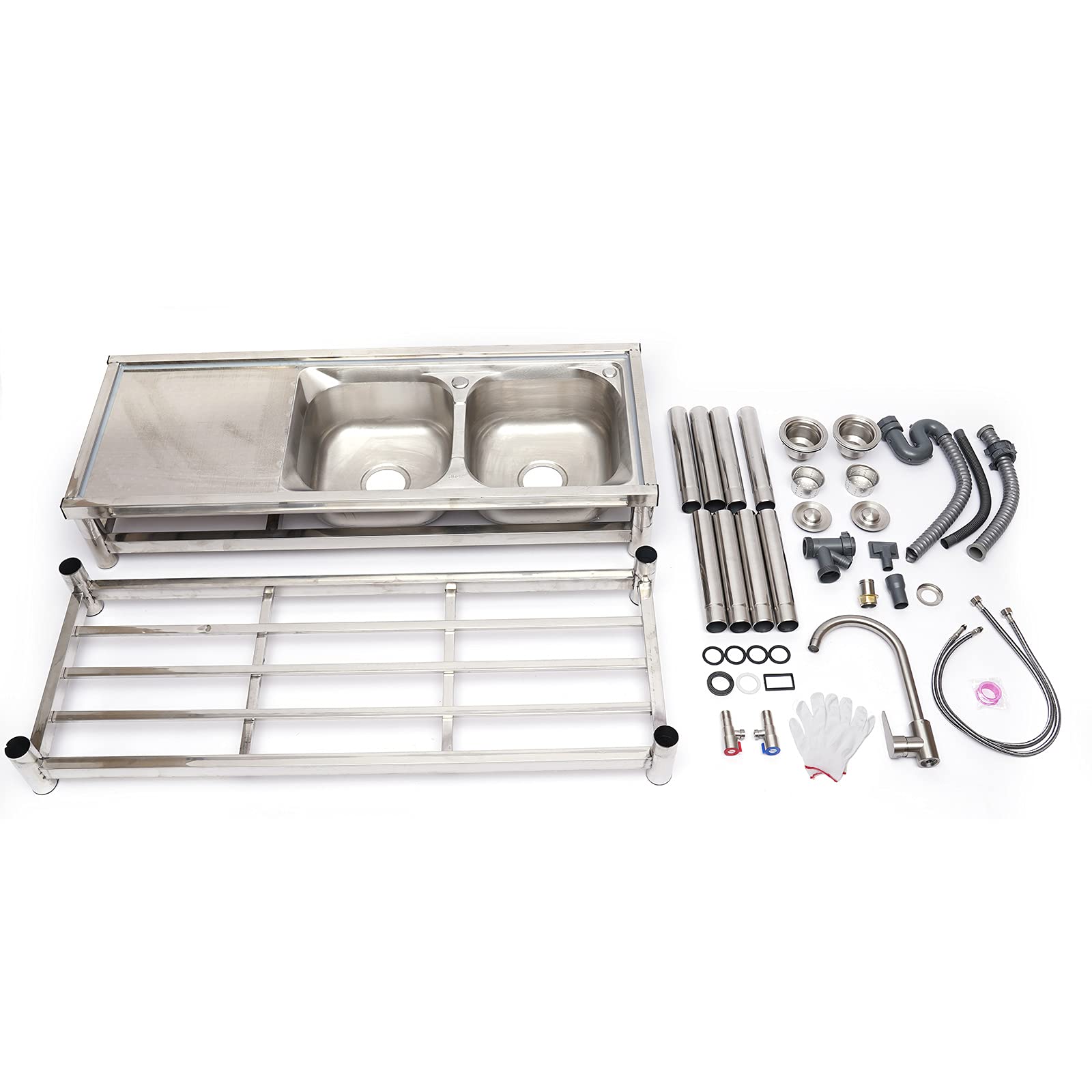 Commercial Kitchen Sink Outdoor Sink Restaurant Sink 304 Stainless Steel Utility Sink with Faucet & Drainboard, Free Standing Sink Stainless Steel Sink with Prep Table Double Bowl Drainer Unit & Tap