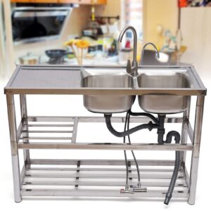 Commercial Kitchen Sink Outdoor Sink Restaurant Sink 304 Stainless Steel Utility Sink with Faucet & Drainboard, Free Standing Sink Stainless Steel Sink with Prep Table Double Bowl Drainer Unit & Tap