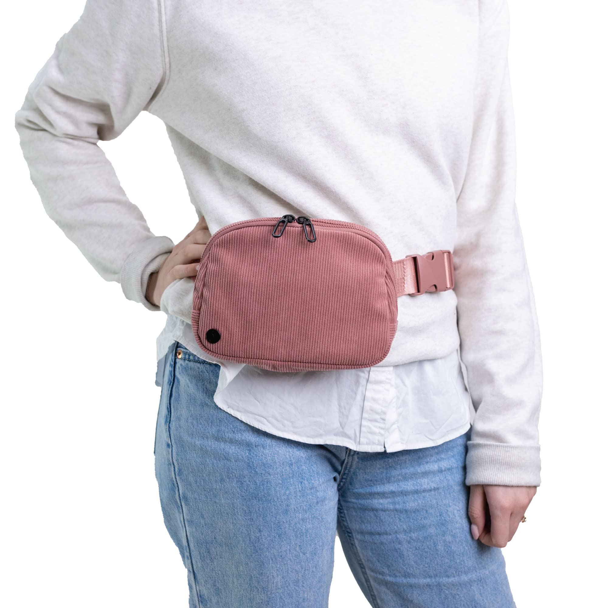 Jadyn Belt Bag, Casual Crossbody and Belt Fanny Pack for Women and Men, Adjustable Strap, Multiple Pockets, Durable Material (Pink Corduroy)