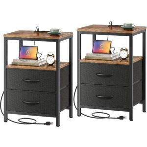 huuger nightstands set of 2, end tables with charging station, side tables with fabric drawers, bedside tables with usb ports and outlets, night stands for bedroom, rustic brown and black