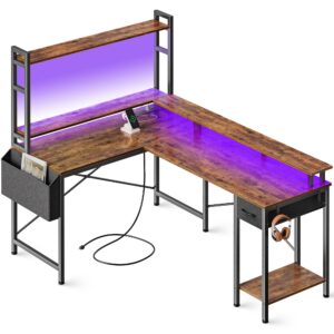 huuger l shaped desk computer desk with led lights & power outlets, gaming desk with storage shelves, corner desk home office desks for bedroom, rustic brown