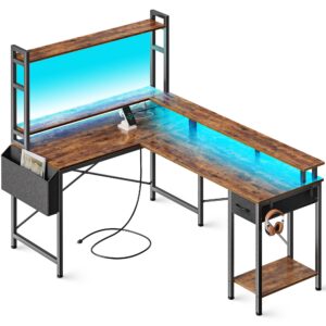 Huuger L Shaped Desk Computer Desk with LED Lights & Power Outlets, Gaming Desk with Storage Shelves, Corner Desk Home Office Desks for Bedroom, Rustic Brown