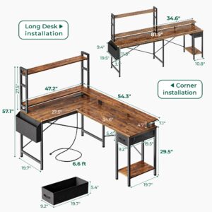 Huuger L Shaped Desk Computer Desk with LED Lights & Power Outlets, Gaming Desk with Storage Shelves, Corner Desk Home Office Desks for Bedroom, Rustic Brown