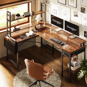 Huuger L Shaped Desk Computer Desk with LED Lights & Power Outlets, Gaming Desk with Storage Shelves, Corner Desk Home Office Desks for Bedroom, Rustic Brown