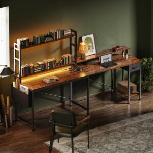 Huuger L Shaped Desk Computer Desk with LED Lights & Power Outlets, Gaming Desk with Storage Shelves, Corner Desk Home Office Desks for Bedroom, Rustic Brown