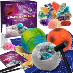 gemstone dig kit, pibex 3-in-1 solar system excavating set, dig up 15 genuine rocks & minerals, planets explore experiment stem project toy gift for boy & girl, stone mining science kit for kid 6-8-12