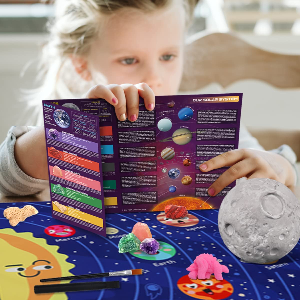 Gemstone Dig Kit, PIBEX 3-IN-1 Solar System Excavating Set, Dig up 15 Genuine Rocks & Minerals, Planets Explore Experiment STEM Project Toy Gift for Boy & Girl, Stone Mining Science Kit for Kid 6-8-12