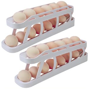 hahome egg holder for fridge, egg dispenser auto rolling egg tray storage and organizer, space-saving egg roller for refrigerator, white 2pcs