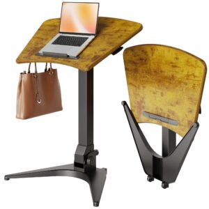 claiks mobile standing desk, small rolling standing desk, pneumatic height adjustable sit-stand desk with 90° tiltable, portable mobile workstation, with non-slip computer stand, rustic brown