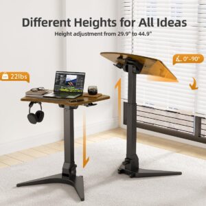 Claiks Mobile Standing Desk, Small Rolling Standing Desk, Pneumatic Height Adjustable Sit-Stand Desk with 90° Tiltable, Portable Mobile Workstation, with Non-Slip Computer Stand, Rustic Brown