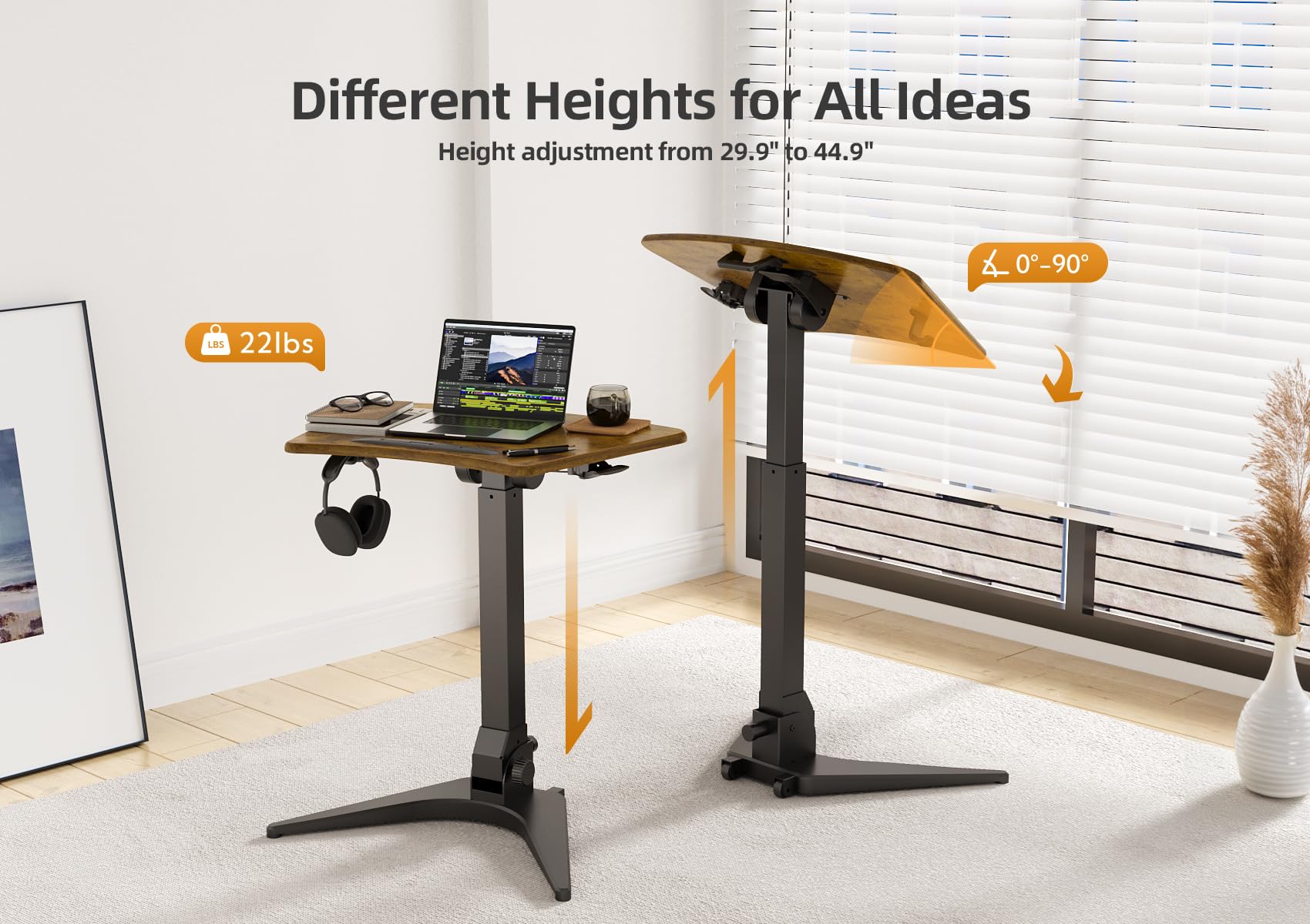 Claiks Mobile Standing Desk, Small Rolling Standing Desk, Pneumatic Height Adjustable Sit-Stand Desk with 90° Tiltable, Portable Mobile Workstation, with Non-Slip Computer Stand, Rustic Brown