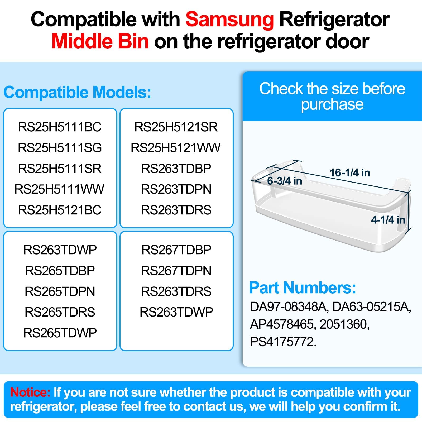 [2 PACK] Upgraded DA97-08348A Refrigerator Door Shelf Bin Replacement for Samsung Refrigerator Parts RS265TDRS RS25H5111BC RS25H5111SR Door Shelf,DA63-05215A for Samsung Fridge Middle Door Shelves