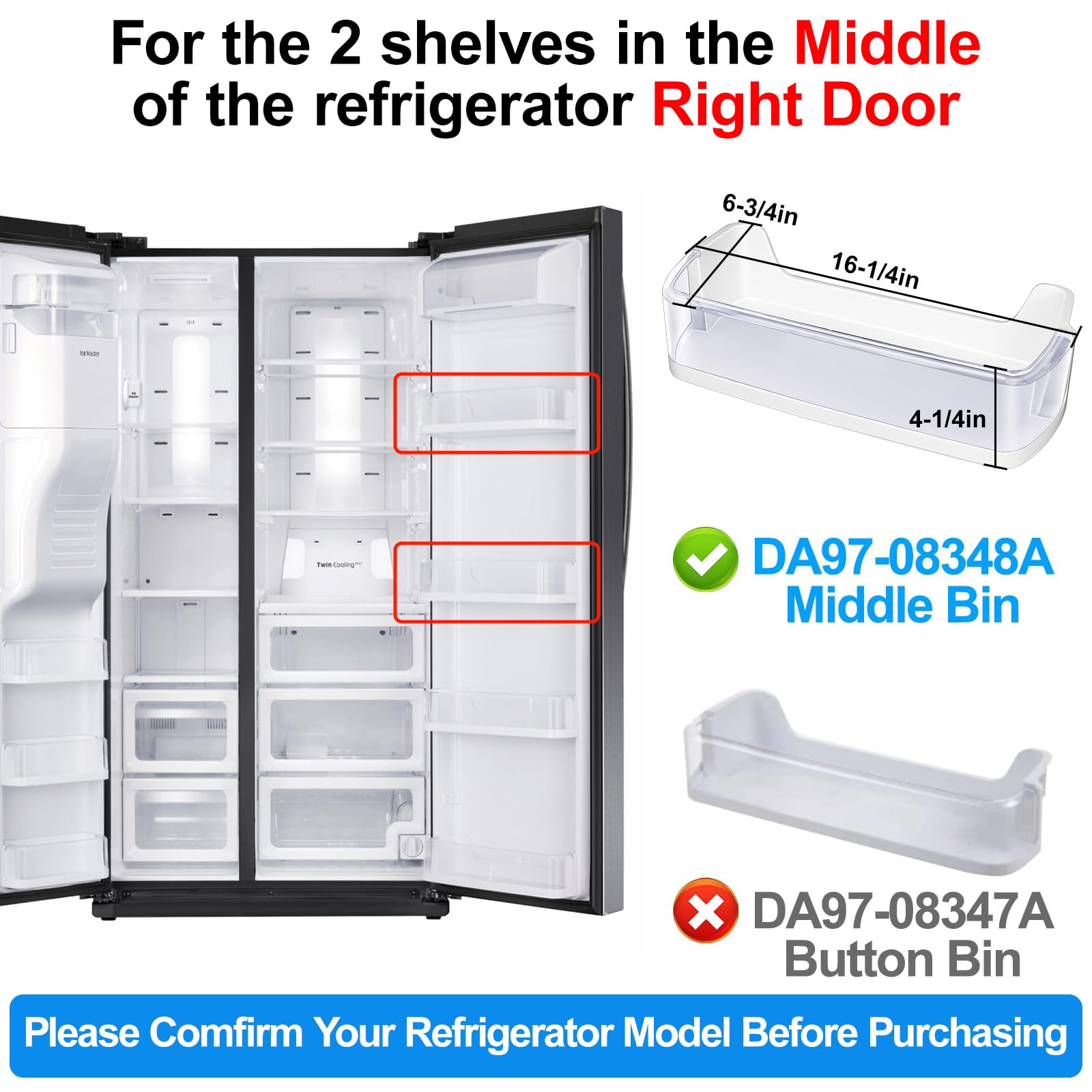 [2 PACK] Upgraded DA97-08348A Refrigerator Door Shelf Bin Replacement for Samsung Refrigerator Parts RS265TDRS RS25H5111BC RS25H5111SR Door Shelf,DA63-05215A for Samsung Fridge Middle Door Shelves