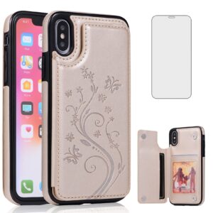 phone case for iphone xs x 10 10s with tempered glass screen protector card holder wallet cover stand flip leather cell iphonex iphonexs iphone10 i phonex sx 10x 10xs x’s cases women golden