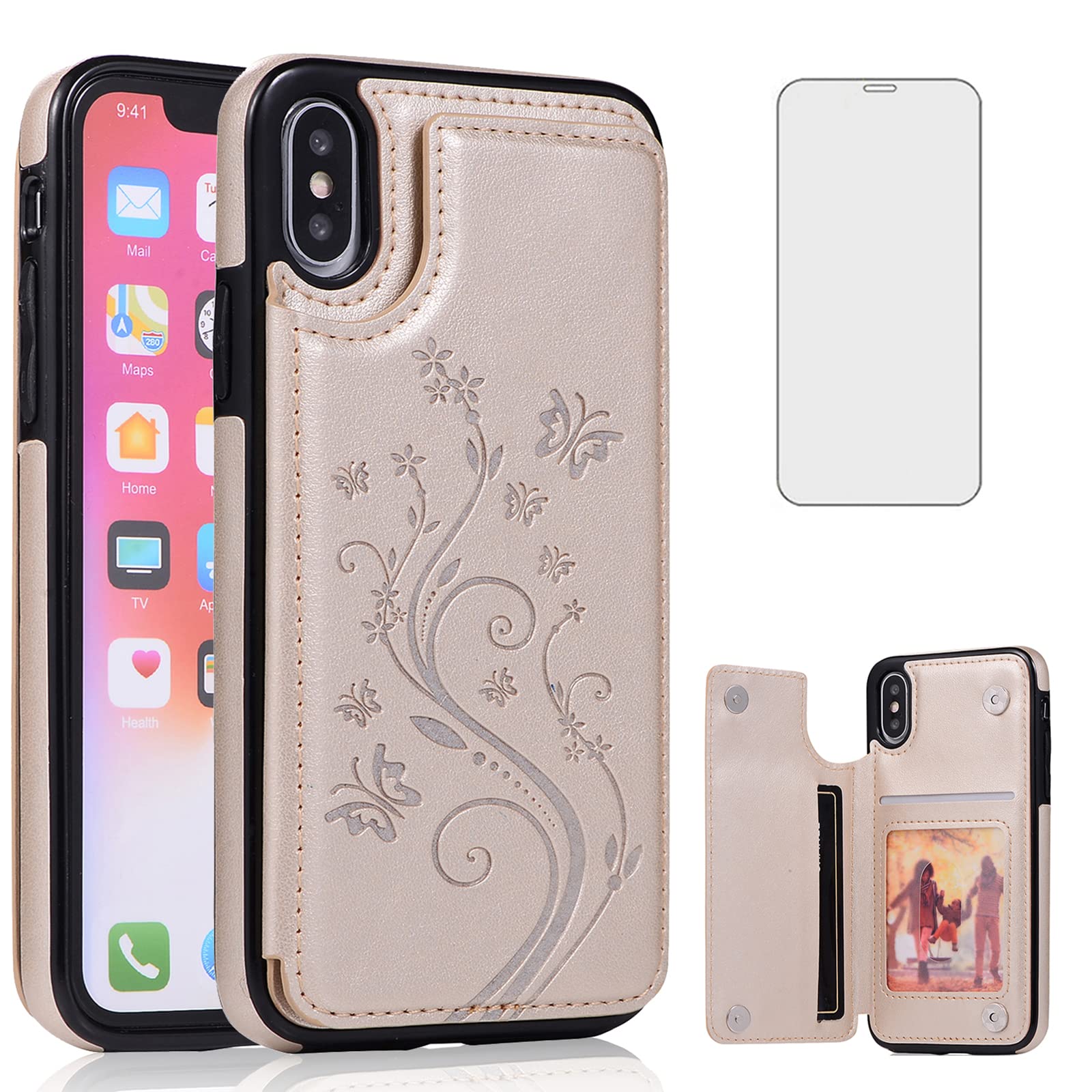 Phone Case for iPhone Xs X 10 10s with Tempered Glass Screen Protector Card Holder Wallet Cover Stand Flip Leather Cell iPhoneX iPhoneXs iPhone10 i PhoneX SX 10x 10xs X’s Cases Women Golden