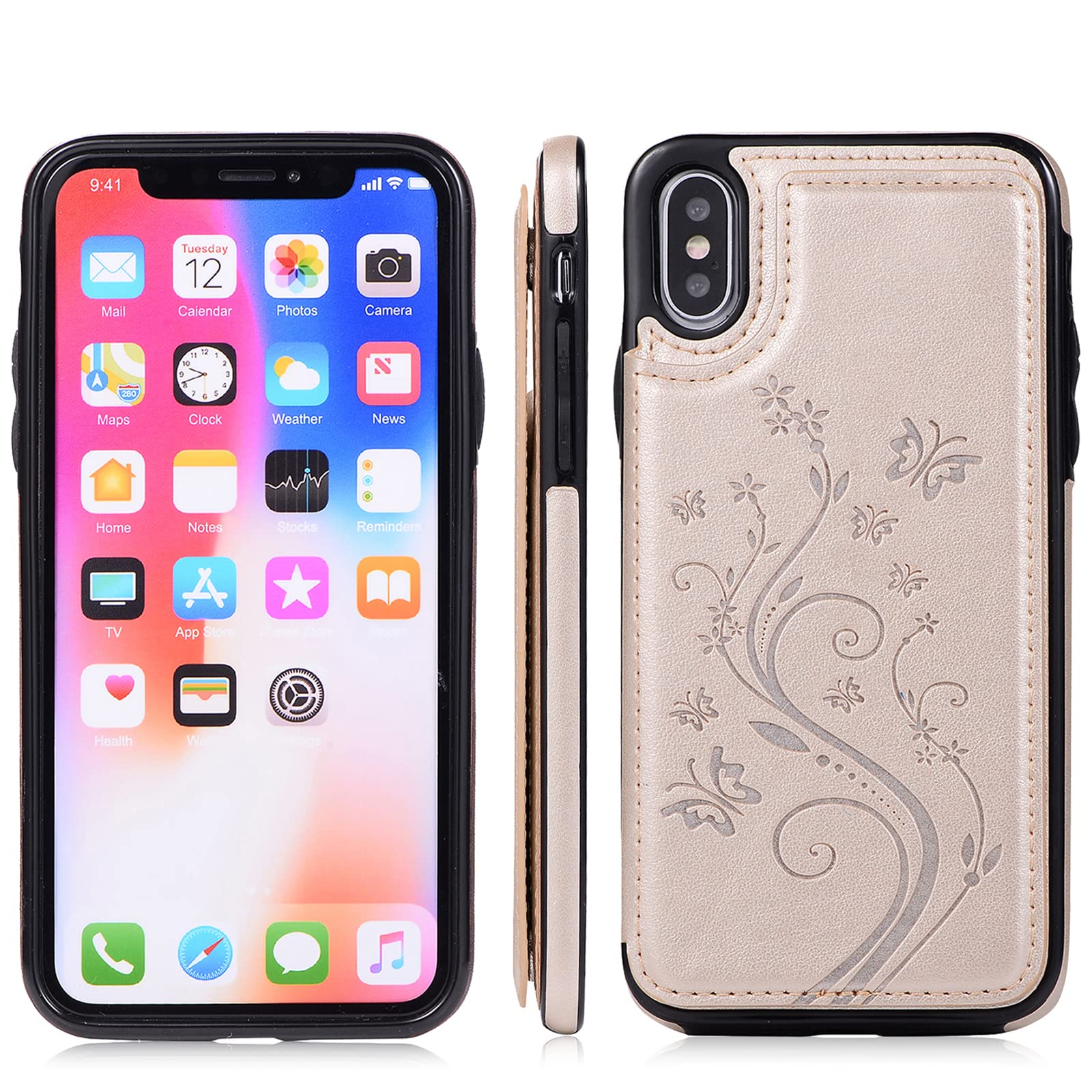 Phone Case for iPhone Xs X 10 10s with Tempered Glass Screen Protector Card Holder Wallet Cover Stand Flip Leather Cell iPhoneX iPhoneXs iPhone10 i PhoneX SX 10x 10xs X’s Cases Women Golden