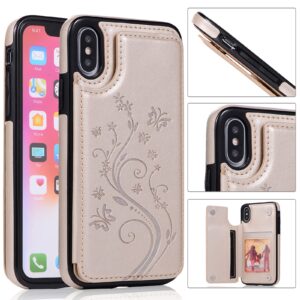 Phone Case for iPhone Xs X 10 10s with Tempered Glass Screen Protector Card Holder Wallet Cover Stand Flip Leather Cell iPhoneX iPhoneXs iPhone10 i PhoneX SX 10x 10xs X’s Cases Women Golden