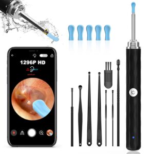 ear wax removal, ear cleaner with camera and light, ear wax removal kit with 1296p otoscope, ear cleaning tool with 6 ear spoon, ear camera for iphone & android phones,black