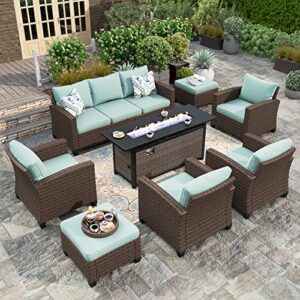 hera's house patio furniture sets, outdoor wicker furniture set with 56" fire pit table, 8 pieces sectional conversation sofa set with ottomans for garden poolside backyard, brown rattan blue cushions