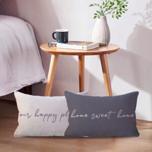 ULOVE LOVE YOURSELF Our Happy Place Reversible Throw Pillow Covers Home Sweet Home Double Sided Cushion Covers Rustic Farmhouse Decor Pillowcases for Sofa/Couch/Porch (Grey)