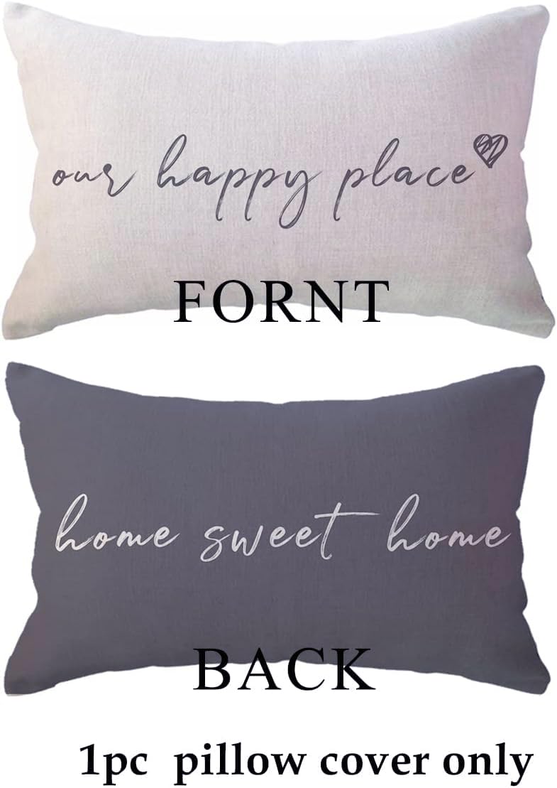 ULOVE LOVE YOURSELF Our Happy Place Reversible Throw Pillow Covers Home Sweet Home Double Sided Cushion Covers Rustic Farmhouse Decor Pillowcases for Sofa/Couch/Porch (Grey)