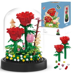 flower bouquets building sets, 596pcs red rose flower building blocks with dust cover forever rose home decor, birthday gifts valentines day gifts for her women mom girlfriend wife (red)