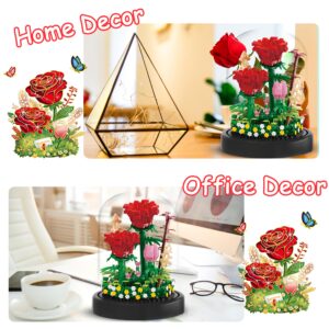 Flower Bouquets Building Sets, 596PCS Red Rose Flower Building Blocks with Dust Cover Forever Rose Home Decor, Birthday Gifts Valentines Day Gifts for Her Women Mom Girlfriend Wife (RED)