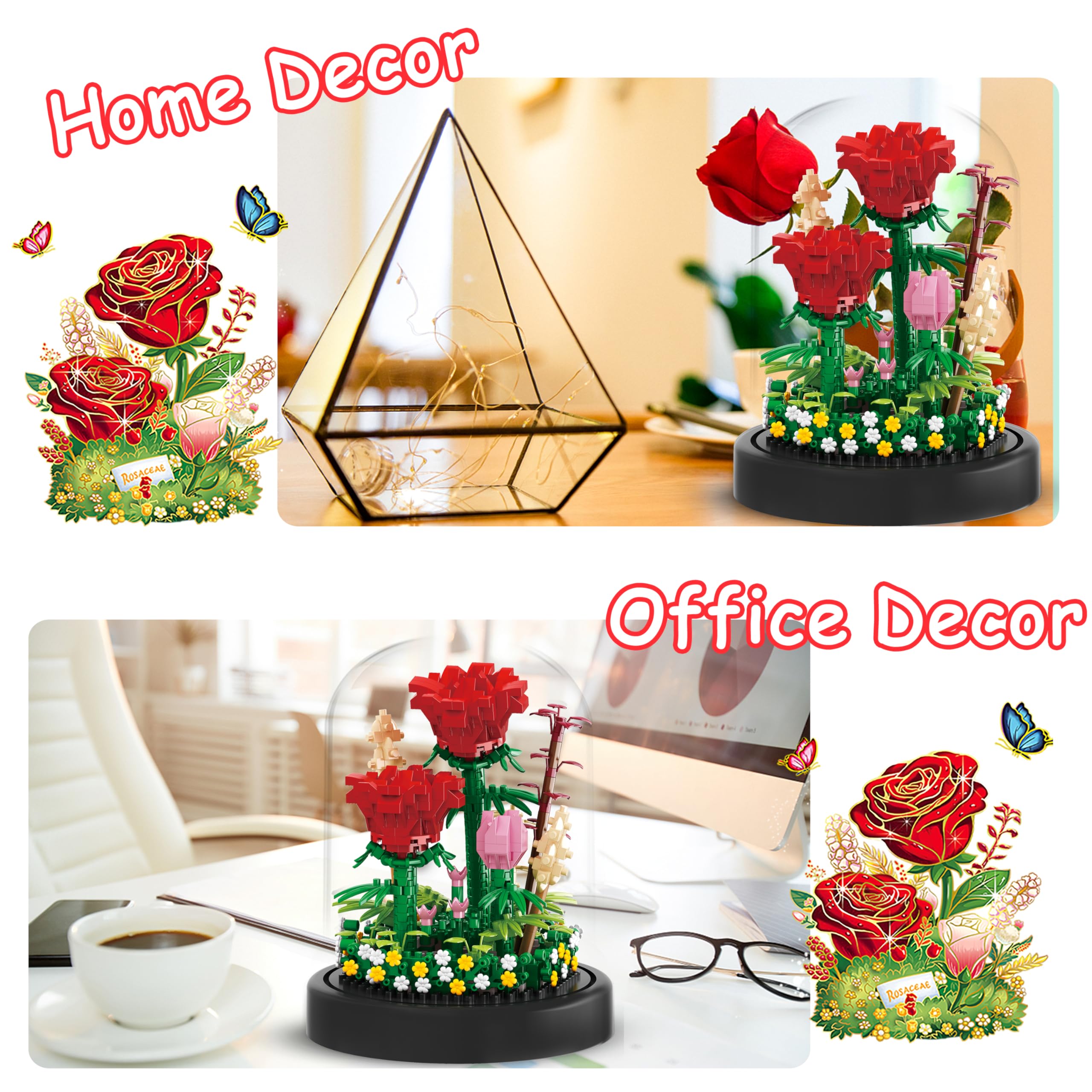 Flower Bouquets Building Sets, 596PCS Red Rose Flower Building Blocks with Dust Cover Forever Rose Home Decor, Birthday Gifts Valentines Day Gifts for Her Women Mom Girlfriend Wife (RED)