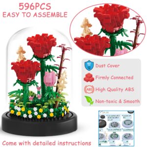 Flower Bouquets Building Sets, 596PCS Red Rose Flower Building Blocks with Dust Cover Forever Rose Home Decor, Birthday Gifts Valentines Day Gifts for Her Women Mom Girlfriend Wife (RED)