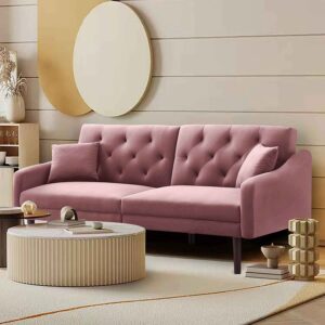 dnyn convertible sleeper futon sofa with 2 pillows, velvet tufted couch w/metal legs and adjustable backrest, for apartment office small space living room furniture, pink