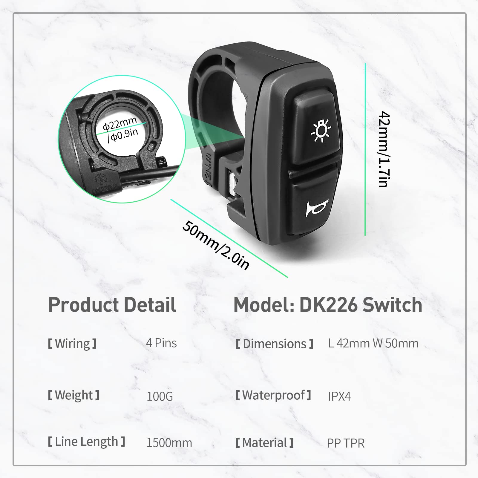 E-Bike Light Switch DK226/DK336 Ebike Lamp and Horn Switch for Electric Bike Scooter Motorcycle Button DIY Parts (DK226)