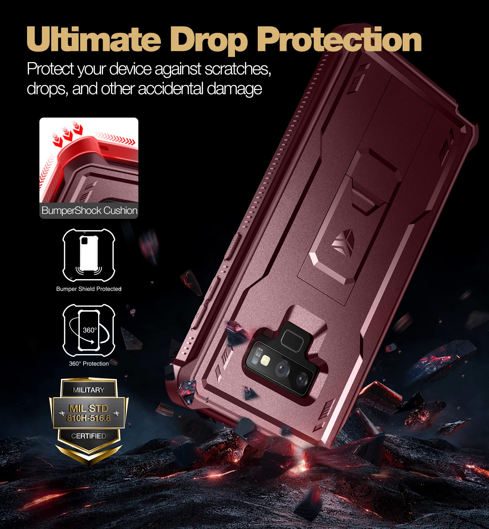 Dexnor Full Body Case for Samsung Galaxy Note 9/6.4 inches, [Built in Screen Protector and Kickstand] Heavy Duty Military Grade Protection Shockproof Protective Cover for Galaxy Note 9,Maroon Red