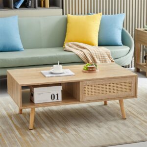 tansole natural oak modern coffee table, rectangular with storage, rattan woven design, living room center table, 41.34x21.65x16.34 inches, 36.3 pounds