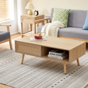 Tansole Natural Oak Modern Coffee Table, Rectangular with Storage, Rattan Woven Design, Living Room Center Table, 41.34x21.65x16.34 inches, 36.3 pounds