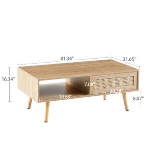 Tansole Natural Oak Modern Coffee Table, Rectangular with Storage, Rattan Woven Design, Living Room Center Table, 41.34x21.65x16.34 inches, 36.3 pounds