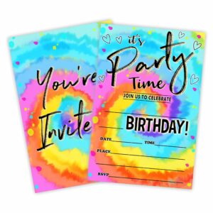 tie dye birthday invitations - it's party time! birthday party invite cards（20 count) with envelopes, fill in style invite cards for boys & girls, birthday party favor & supplies-b33