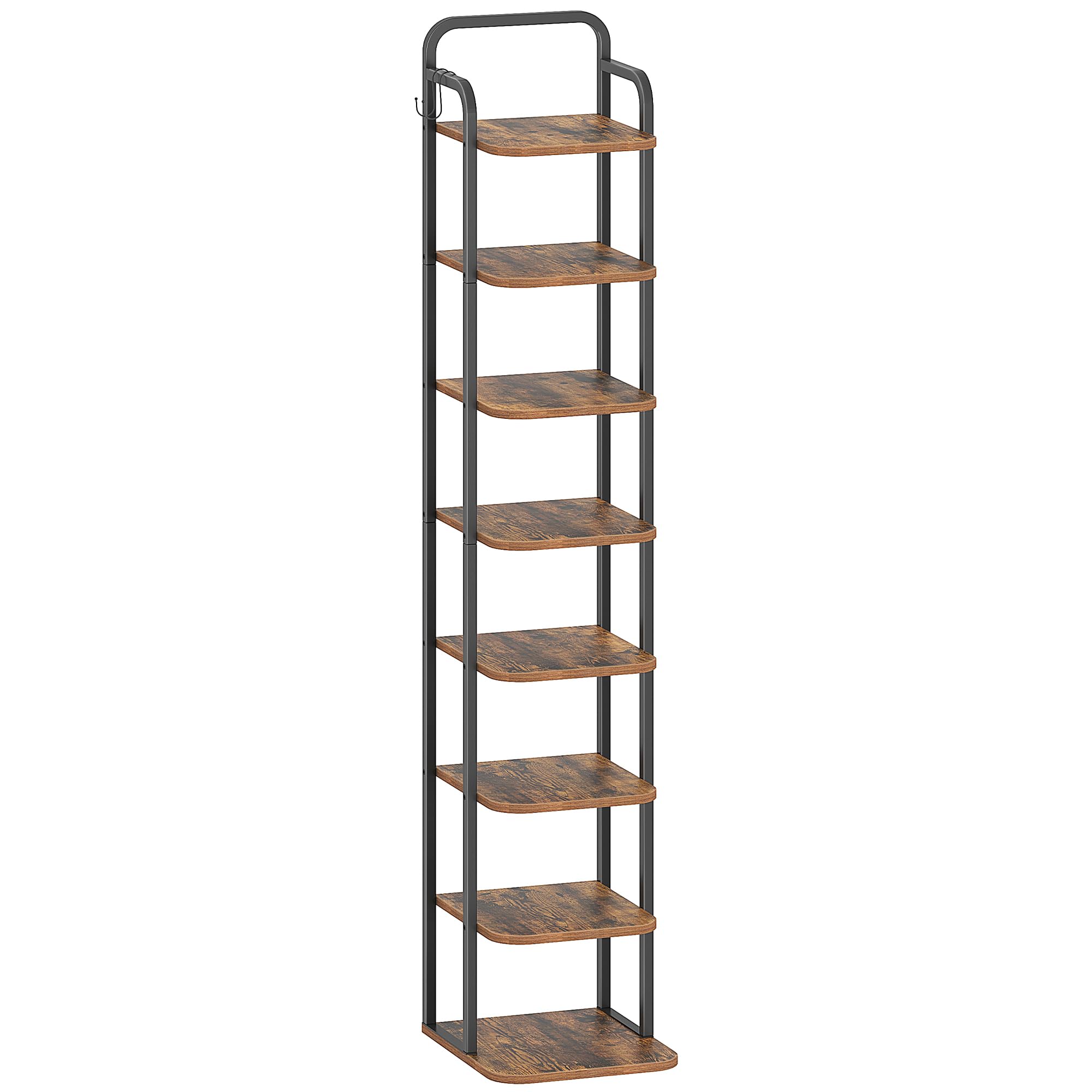 Hzuaneri Vertical Shoe Rack, Shoe Shelves, Wood Shoe Organizer for Closet, Entryway, Shoe Tower for Small Spaces, Free Standing, Adjustable, with 2 Hooks, 8 Tier Rustic Brown SR04301B