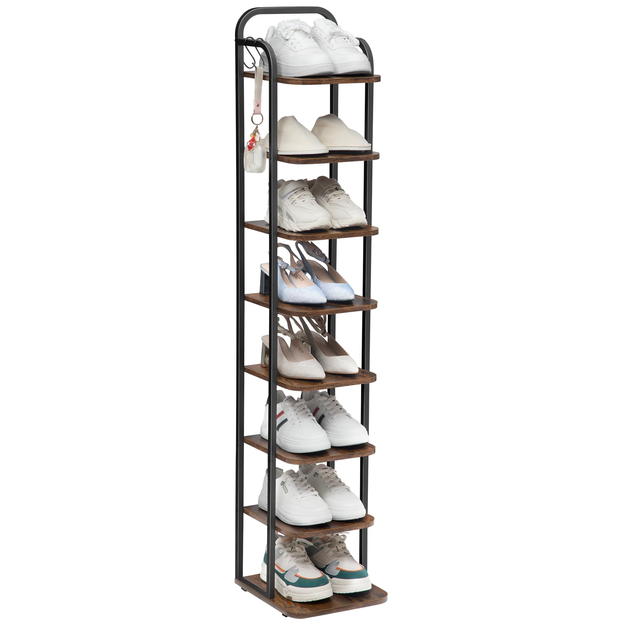 Hzuaneri Vertical Shoe Rack, Shoe Shelves, Wood Shoe Organizer for Closet, Entryway, Shoe Tower for Small Spaces, Free Standing, Adjustable, with 2 Hooks, 8 Tier Rustic Brown SR04301B