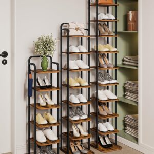 Hzuaneri Vertical Shoe Rack, Shoe Shelves, Wood Shoe Organizer for Closet, Entryway, Shoe Tower for Small Spaces, Free Standing, Adjustable, with 2 Hooks, 8 Tier Rustic Brown SR04301B