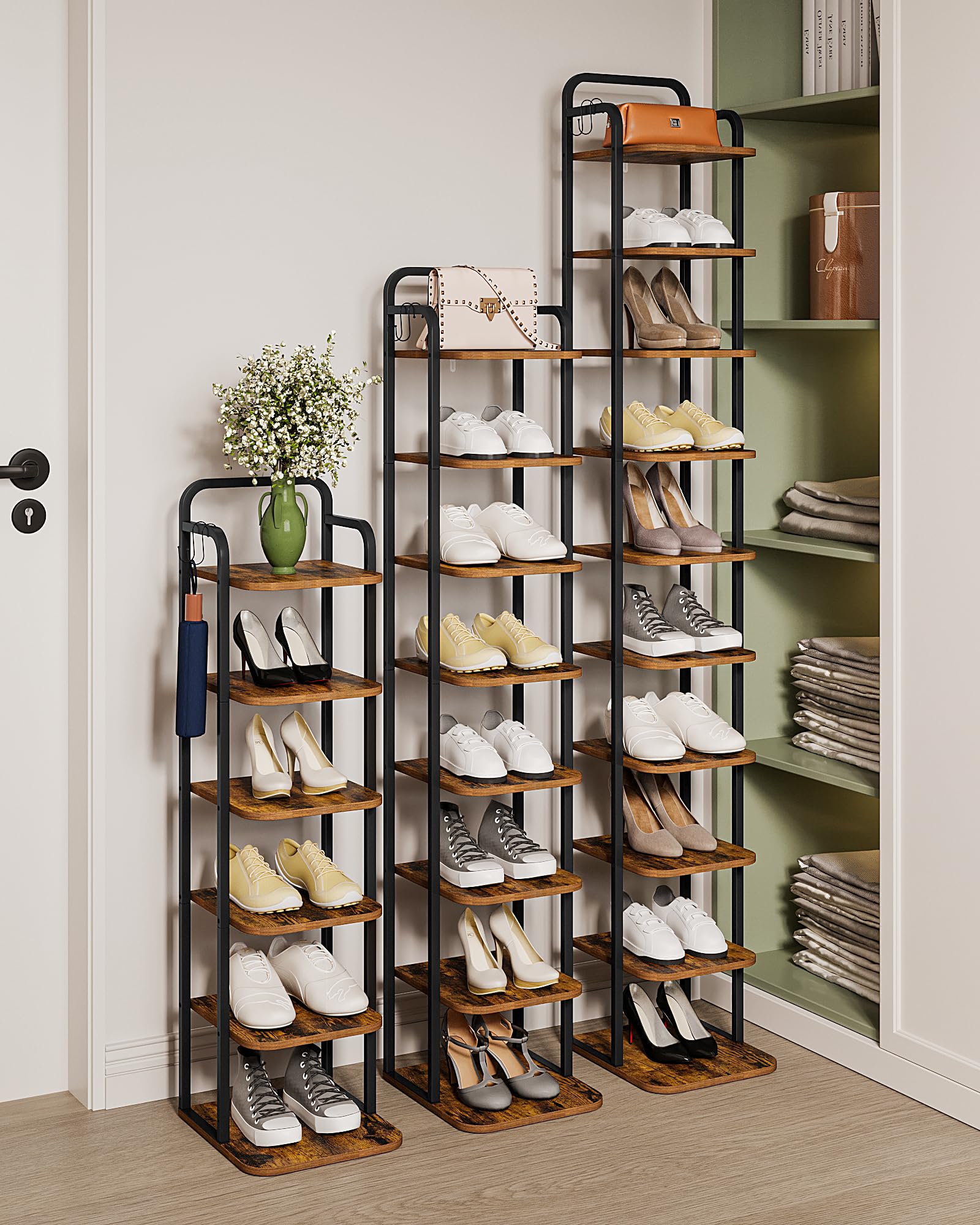 Hzuaneri Vertical Shoe Rack, Shoe Shelves, Wood Shoe Organizer for Closet, Entryway, Shoe Tower for Small Spaces, Free Standing, Adjustable, with 2 Hooks, 8 Tier Rustic Brown SR04301B