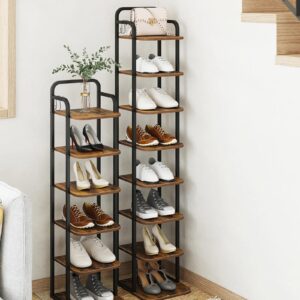 Hzuaneri Vertical Shoe Rack, Shoe Shelves, Wood Shoe Organizer for Closet, Entryway, Shoe Tower for Small Spaces, Free Standing, Adjustable, with 2 Hooks, 8 Tier Rustic Brown SR04301B