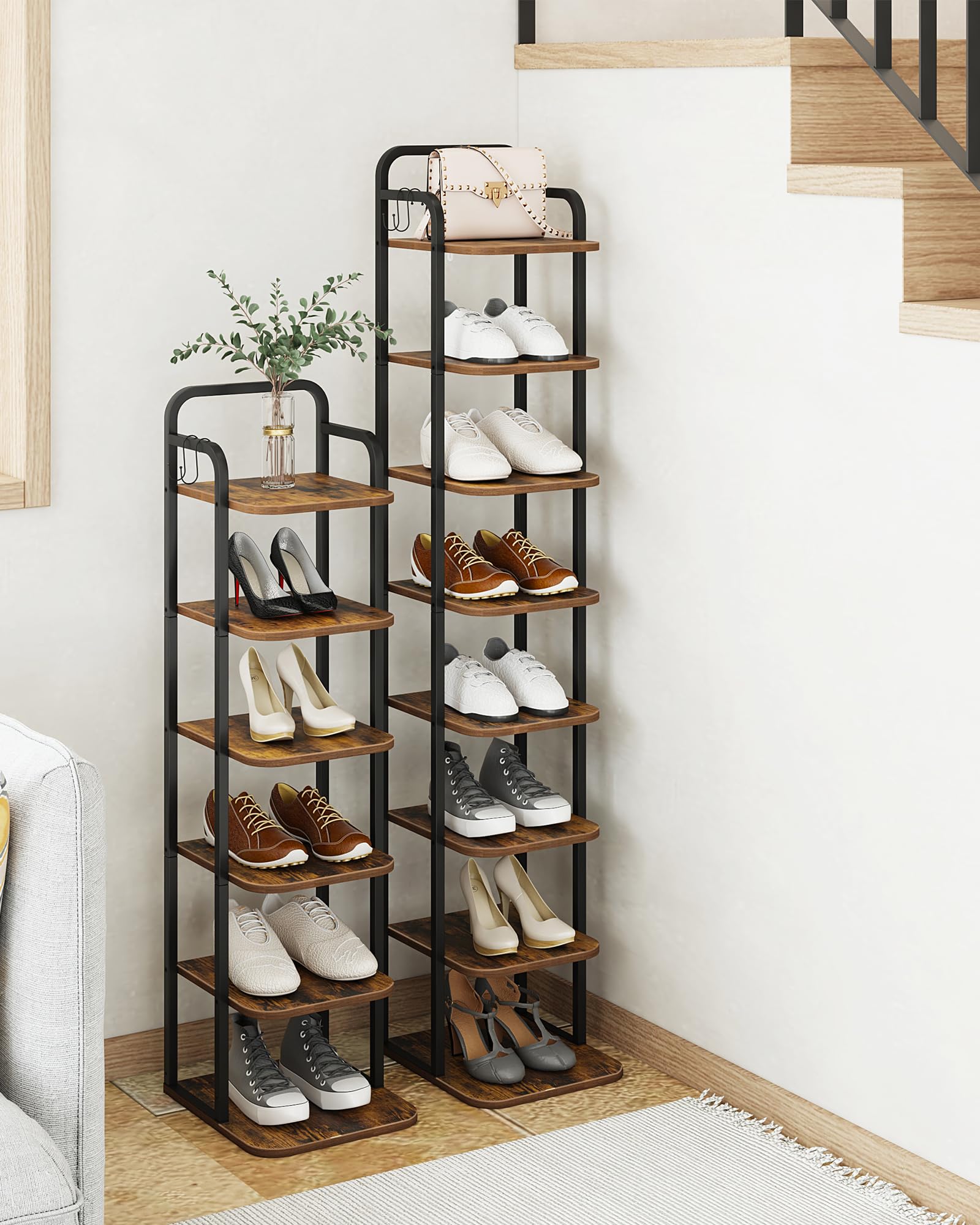 Hzuaneri Vertical Shoe Rack, Shoe Shelves, Wood Shoe Organizer for Closet, Entryway, Shoe Tower for Small Spaces, Free Standing, Adjustable, with 2 Hooks, 8 Tier Rustic Brown SR04301B