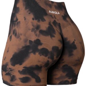 AUROLA Dream Tie Dye Workout Shorts for Women Seamless Scrunch Soft Active Shorts,Brown-Black Tie Dye,XS