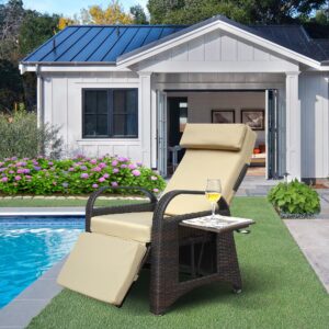 outdoor recliner chair,pe wicker adjustable reclining lounge chair and removable soft cushion, with modern armchair and ergonomic for home, sunbathing or relaxation (brown + khaki)