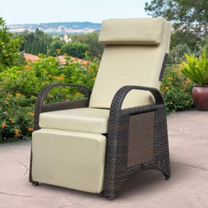 Outdoor Recliner Chair,PE Wicker Adjustable Reclining Lounge Chair and Removable Soft Cushion, with Modern Armchair and Ergonomic for Home, Sunbathing or Relaxation (Brown + Khaki)