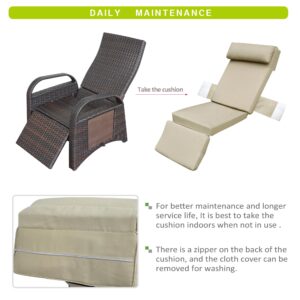 Outdoor Recliner Chair,PE Wicker Adjustable Reclining Lounge Chair and Removable Soft Cushion, with Modern Armchair and Ergonomic for Home, Sunbathing or Relaxation (Brown + Khaki)