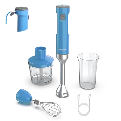 Cordless Hand Blender, OUTRONSM Immersion Blender Rechargeable, with Charging Cable, 500ml Chopper, 600ml container, Egg Whisk, for Smoothies, Milkshakes, Baby Food and Soups – Blue