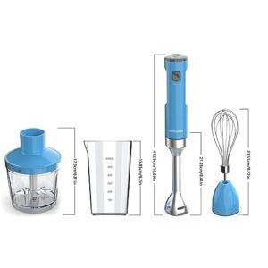 Cordless Hand Blender, OUTRONSM Immersion Blender Rechargeable, with Charging Cable, 500ml Chopper, 600ml container, Egg Whisk, for Smoothies, Milkshakes, Baby Food and Soups – Blue