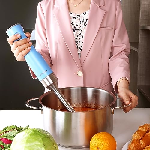 Cordless Hand Blender, OUTRONSM Immersion Blender Rechargeable, with Charging Cable, 500ml Chopper, 600ml container, Egg Whisk, for Smoothies, Milkshakes, Baby Food and Soups – Blue